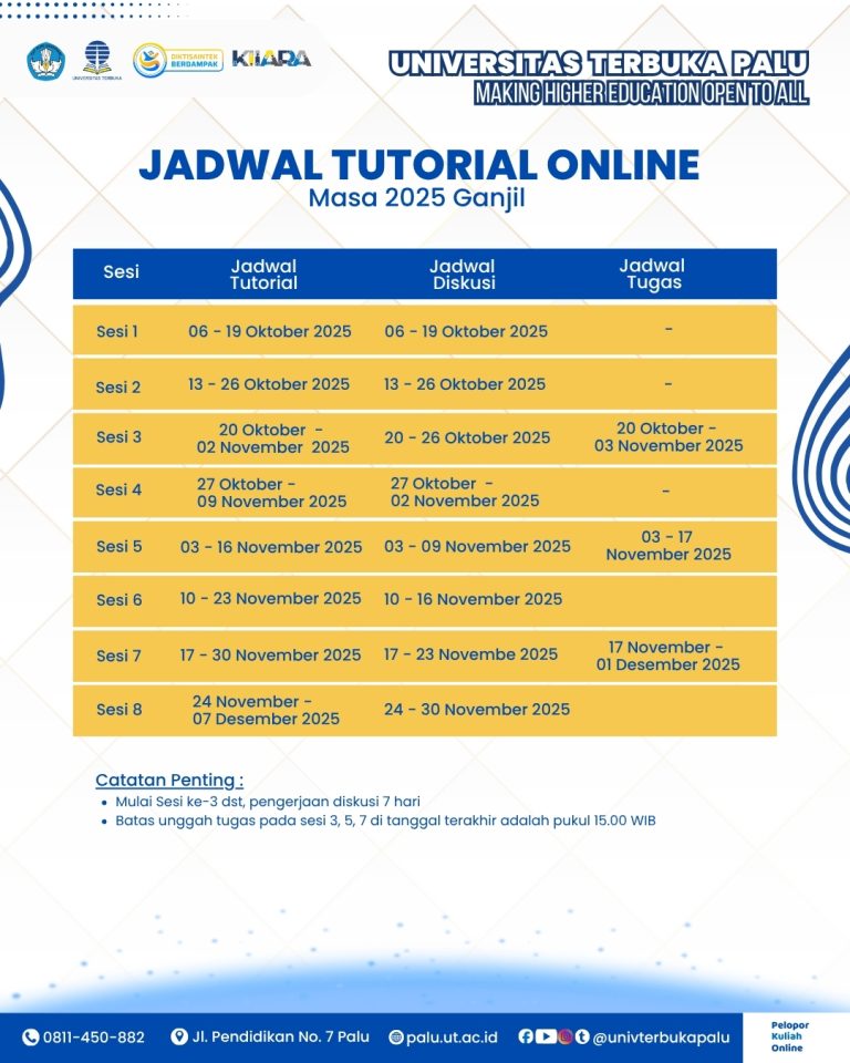 Jadwal Tutorial Online Masa 2025 Ganjil (Semester 2025/2026 Ganjil) - Universitas Terbuka Palu