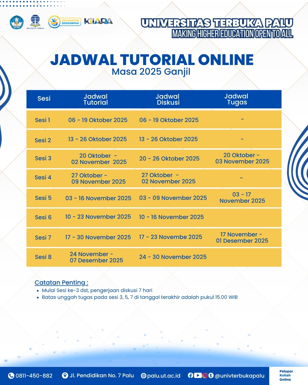 Jadwal Tutorial Online Masa 2025 Ganjil (Semester 2025/2026 Ganjil) - Universitas Terbuka Palu